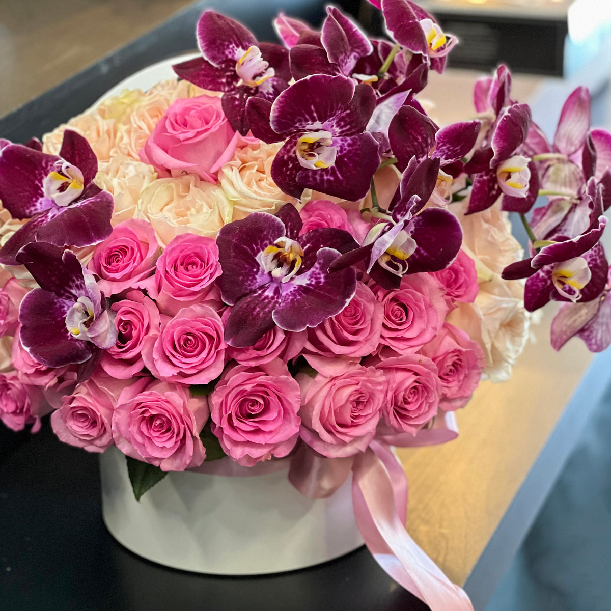 Violet Delight | box with roses and orchids — Luxury Flowers Miami