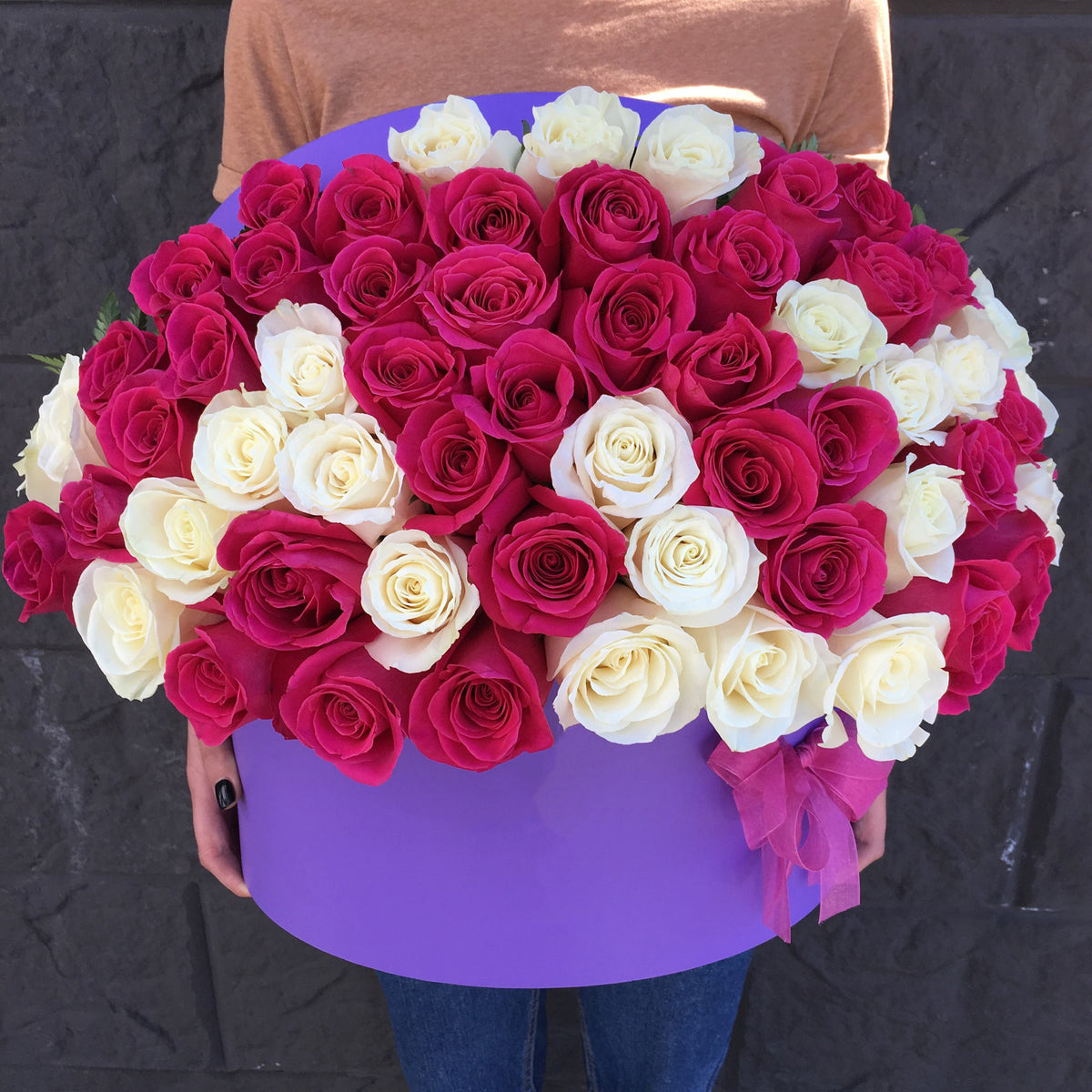 75 white and hot pink roses design in a box — Luxury Flowers Miami